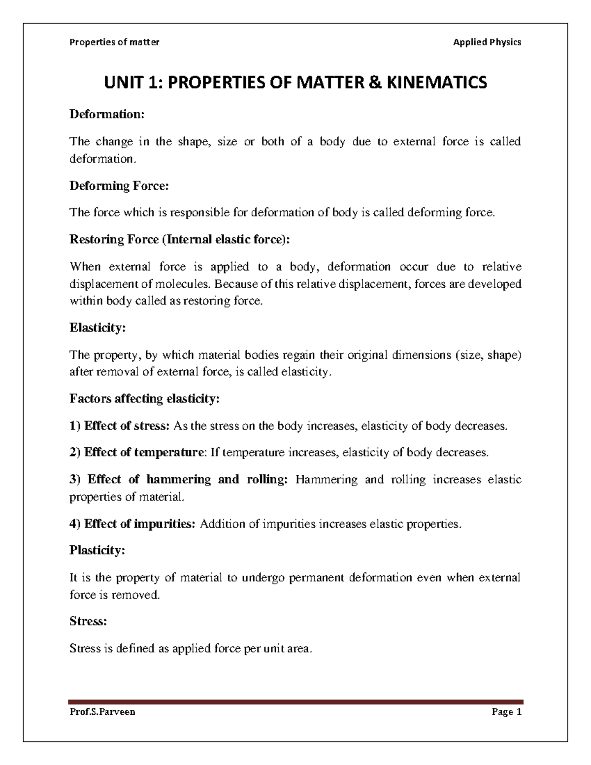 Unit 1: Properties of Matter & Kinematics in Applied Physics - Studocu