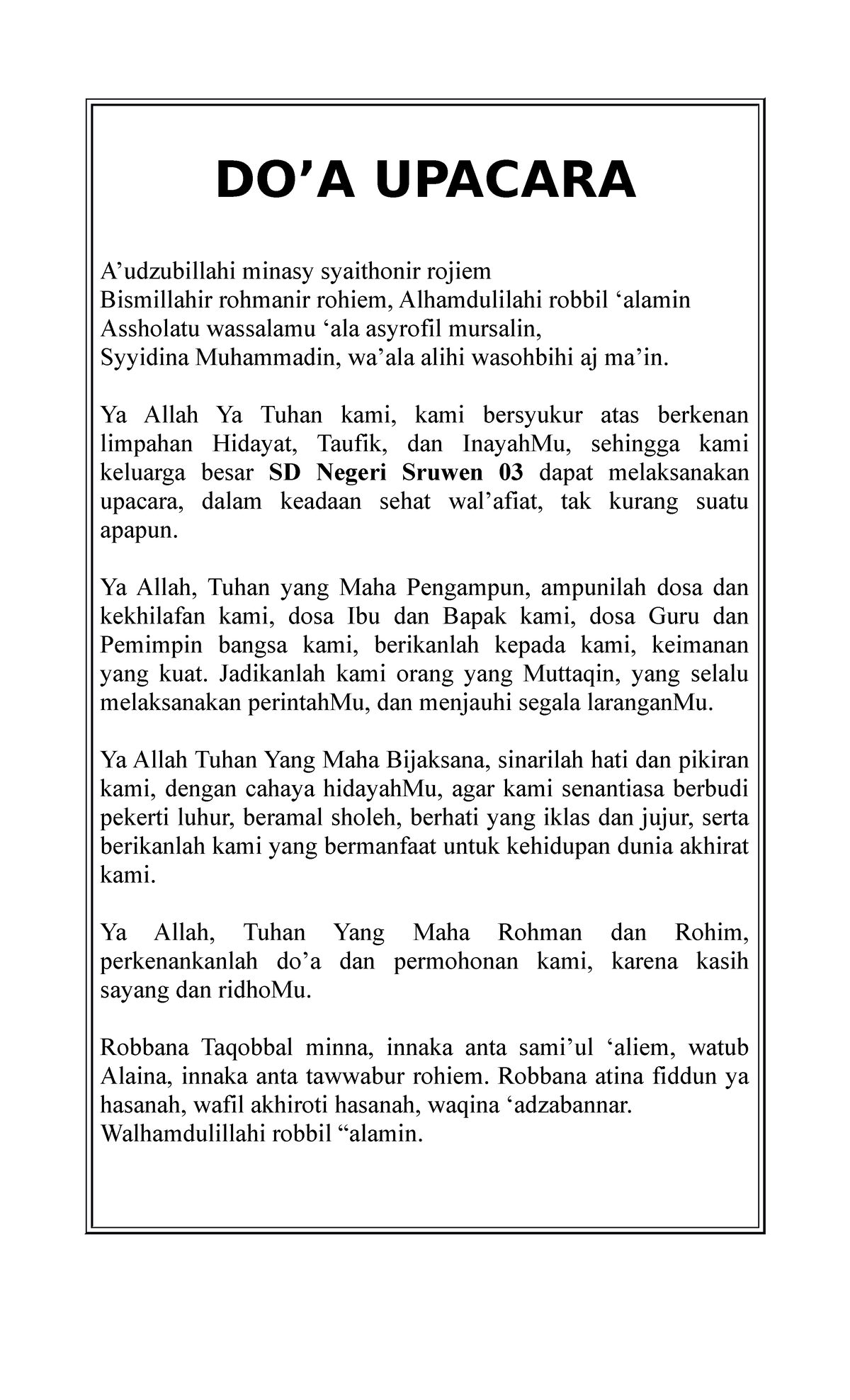 Doa Upacara SD Negeri Sruwen 03: Permohonan dan Syukur - Studocu