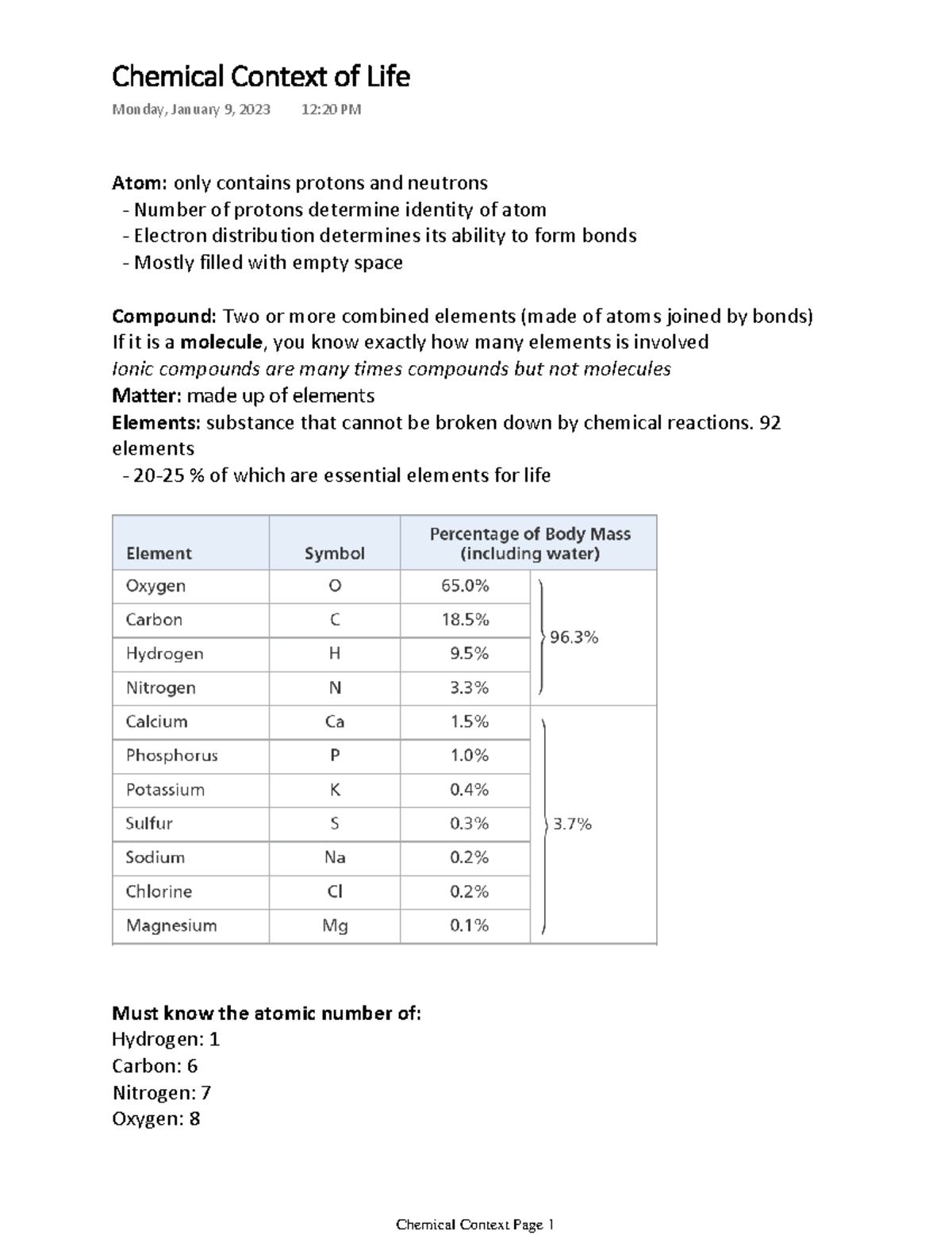 Campbell Biology 12e Chapter 2 Notes - Atom: only contains protons and ...
