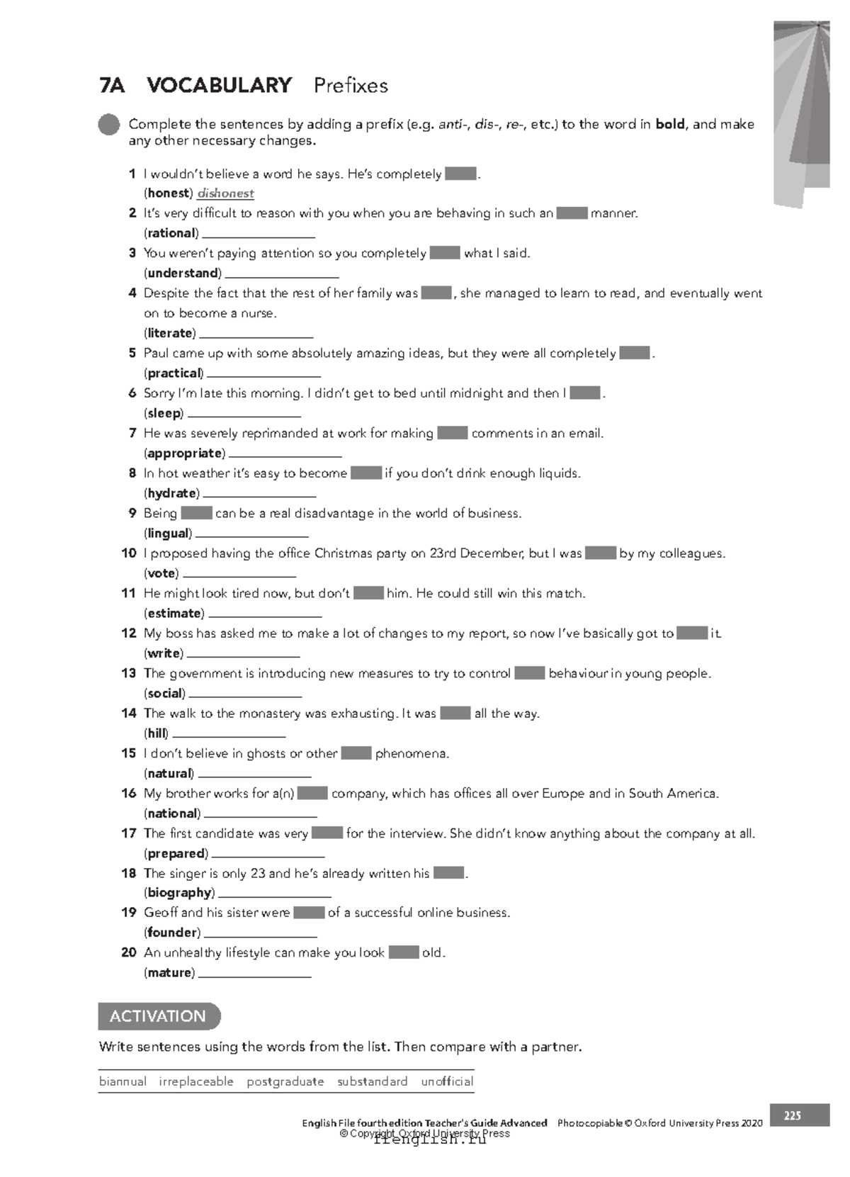 7A VOCABULARY Prefixes Exercise and Sentence Completion - Studocu