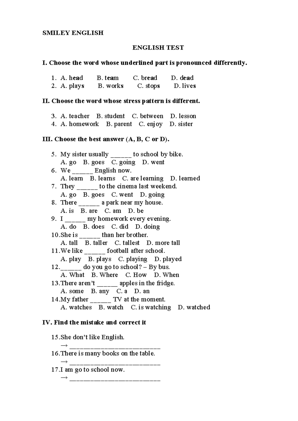 Smiley English - English Test I: Pronunciation & Grammar Quiz - Studocu