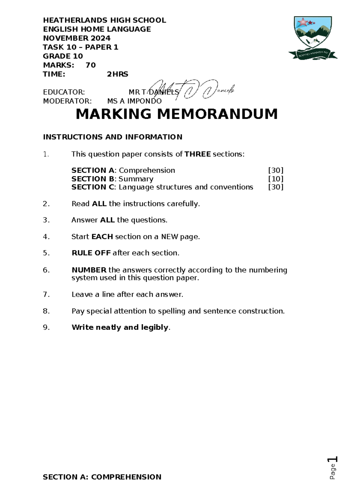 Grade 10 EHL Nov 2024 Paper 1 Marking Memo - Studocu
