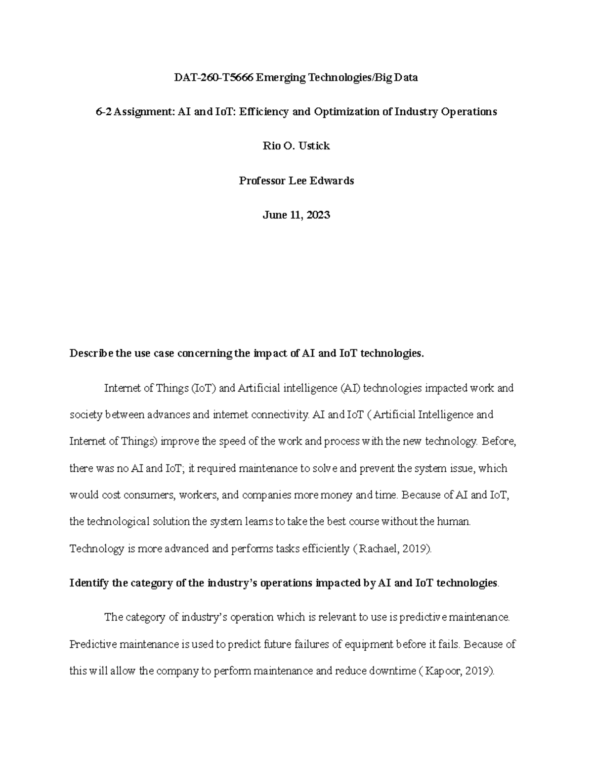 DAT 260 Module 6 - AI and IoT in Industry Operations Assignment - Studocu