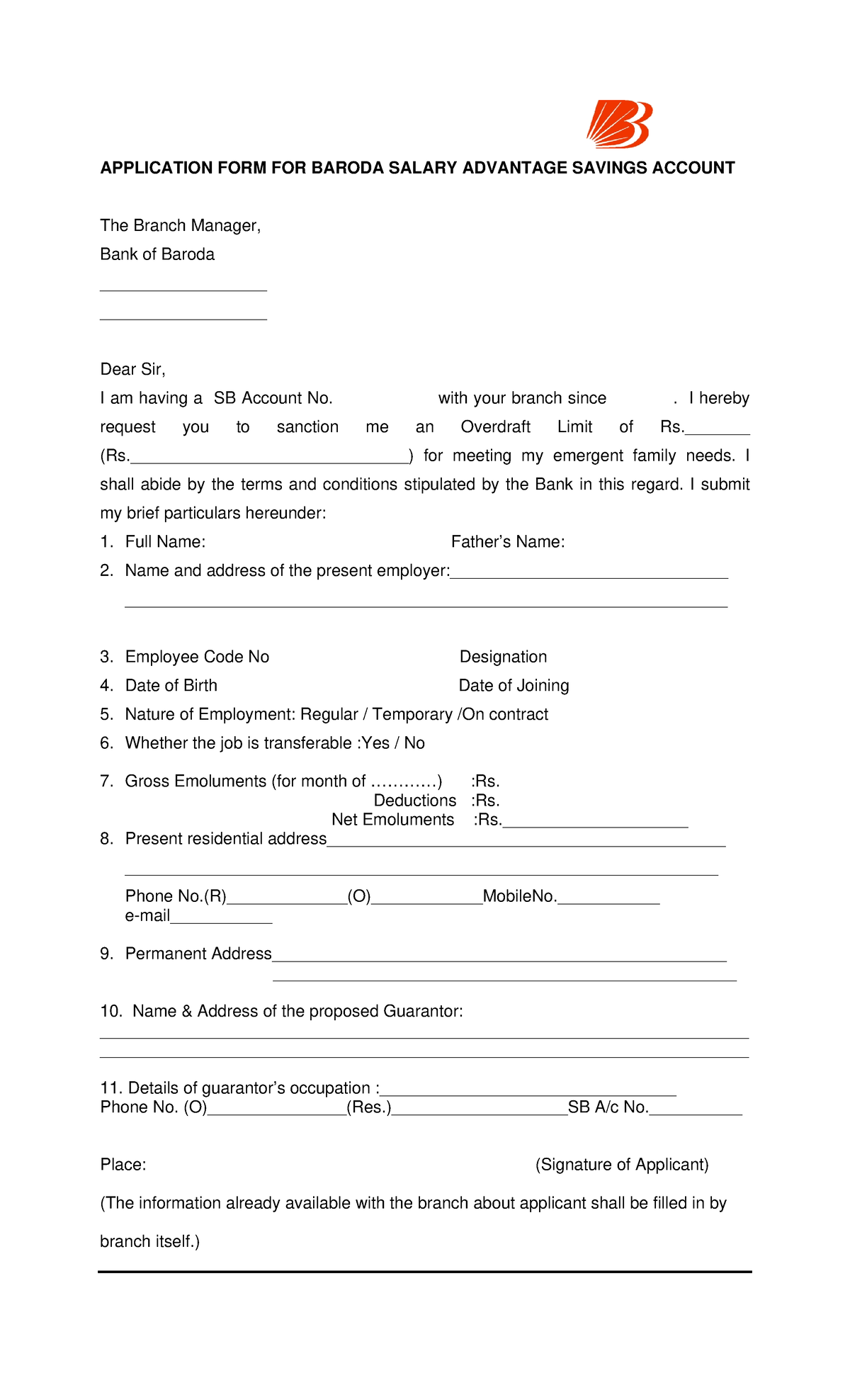 Salary adv savings ac form - APPLICATION FORM FOR BARODA SALARY ...