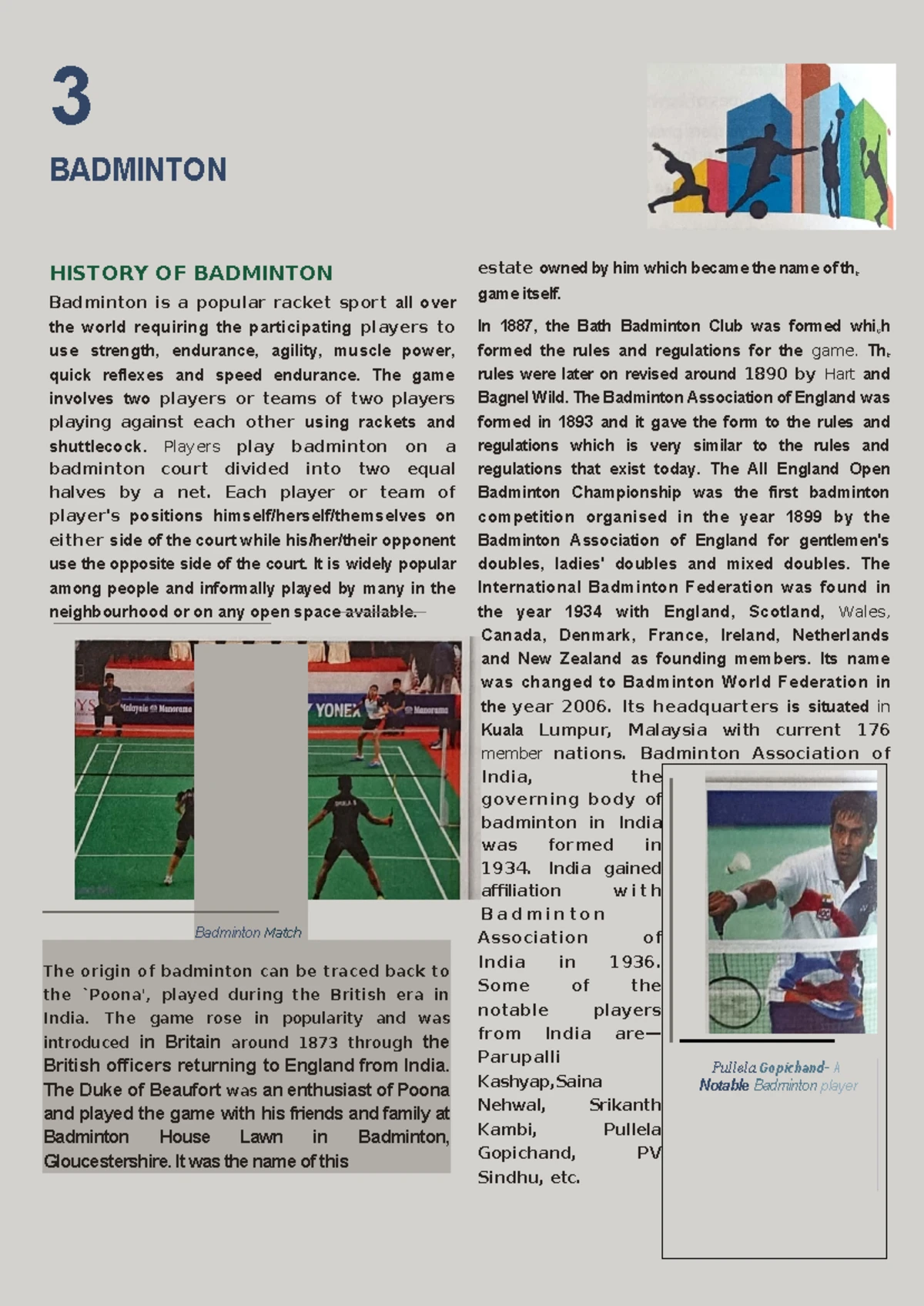 Badminton - PE Class 12 Project on History, Rules & Skills - Studocu