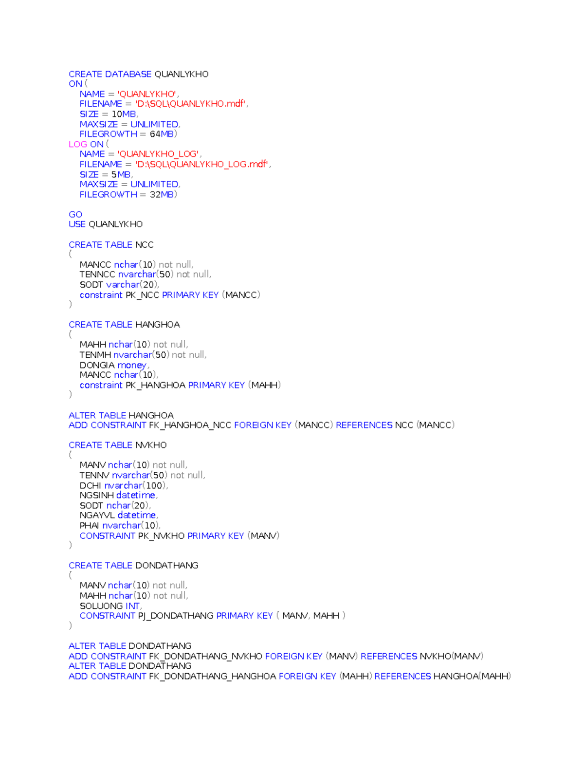 Database Creation and Management for QUANLYKHO System - Studocu