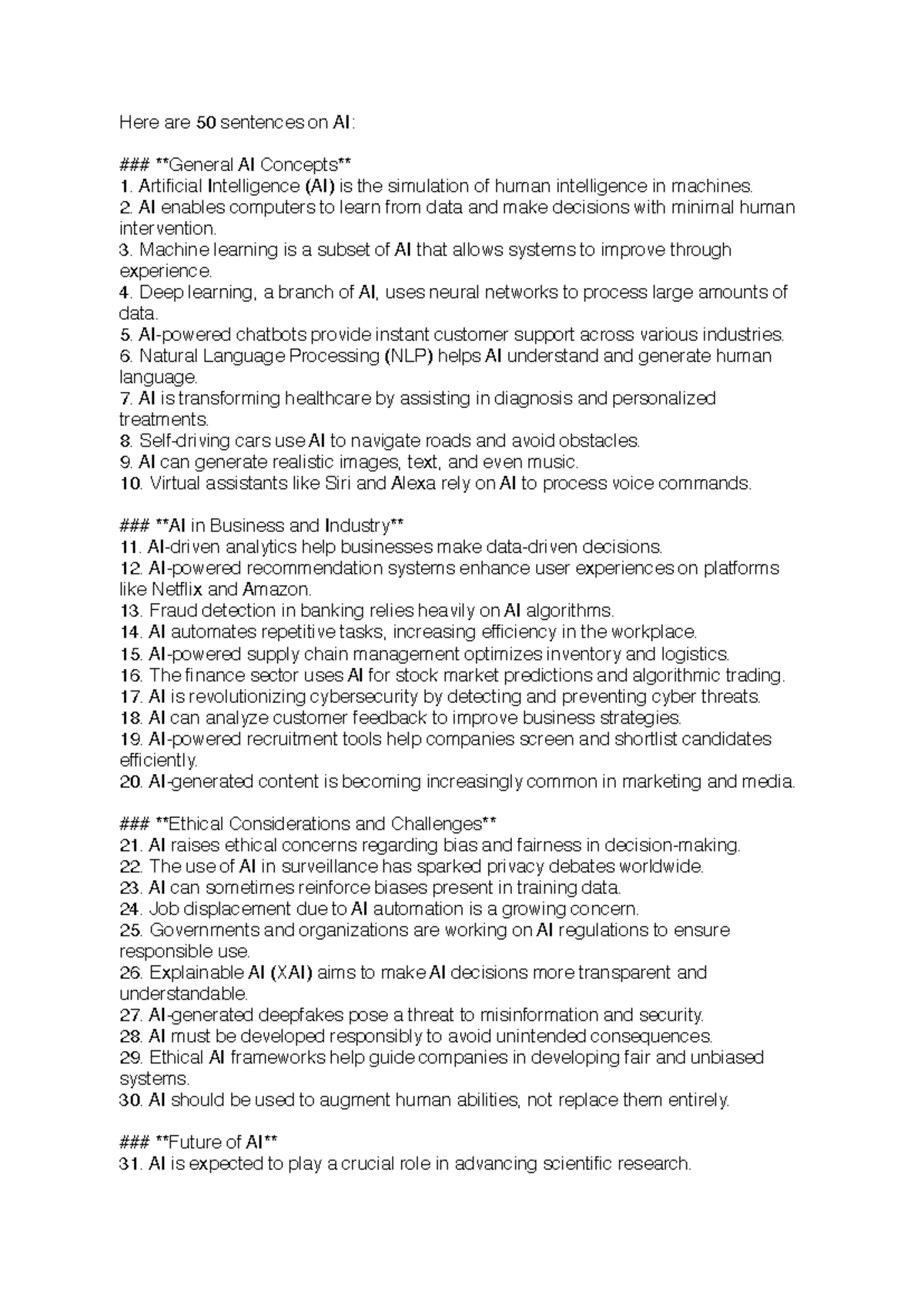 AI - dsdsdsdsd - Here are 50 sentences on AI: General AI Concepts ...