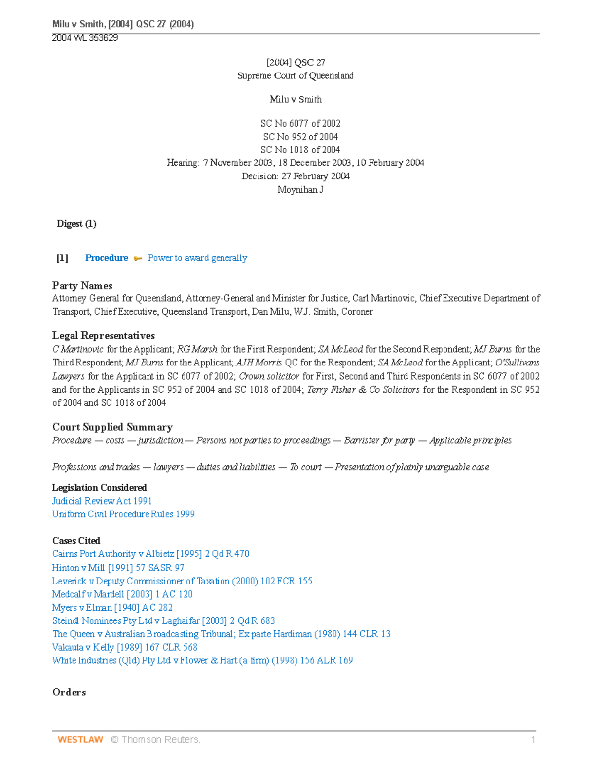 Milu v Smith: Judicial Review & Costs - QSC 27 Analysis - Studocu
