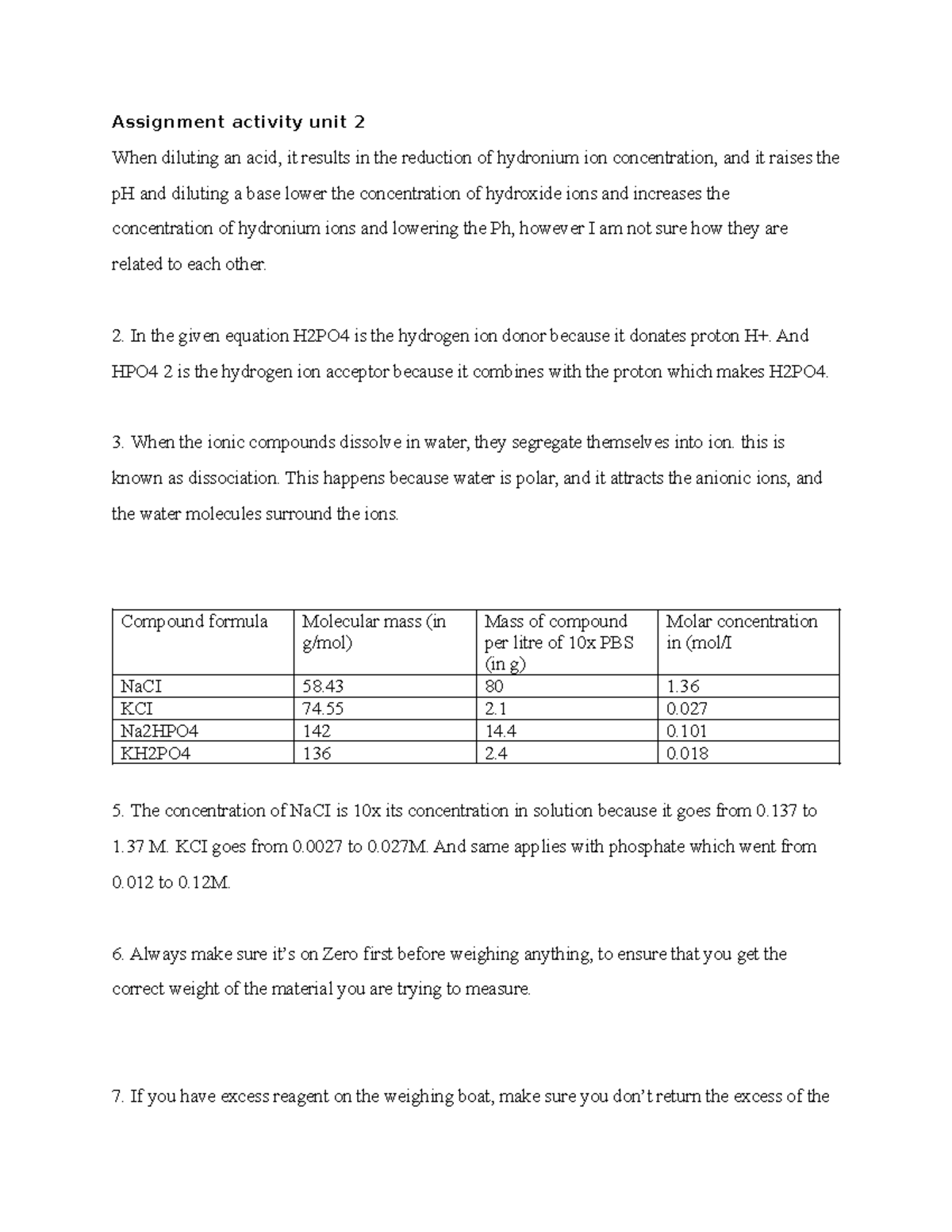 Assignment Activity Unit 2: Acid-Base Dilution and Dissociation ...