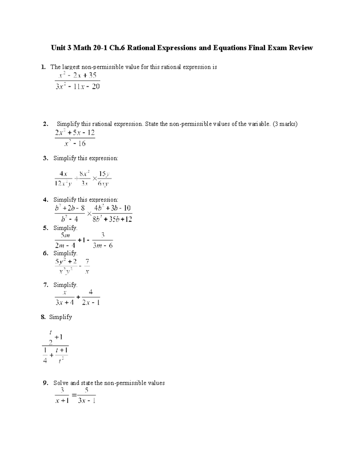 Unit 3 Math Ch.6 Rational Expressions & Equations Final Exam Review ...