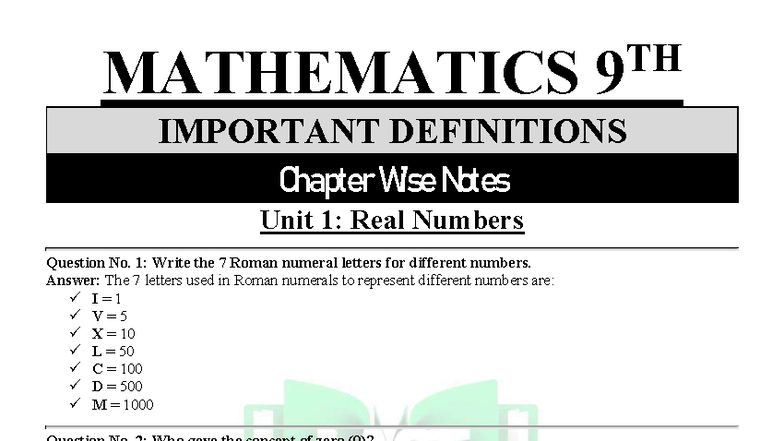 MATH 9 TH Important Definitions: Chapter-Wise Notes for 2026 - Studocu