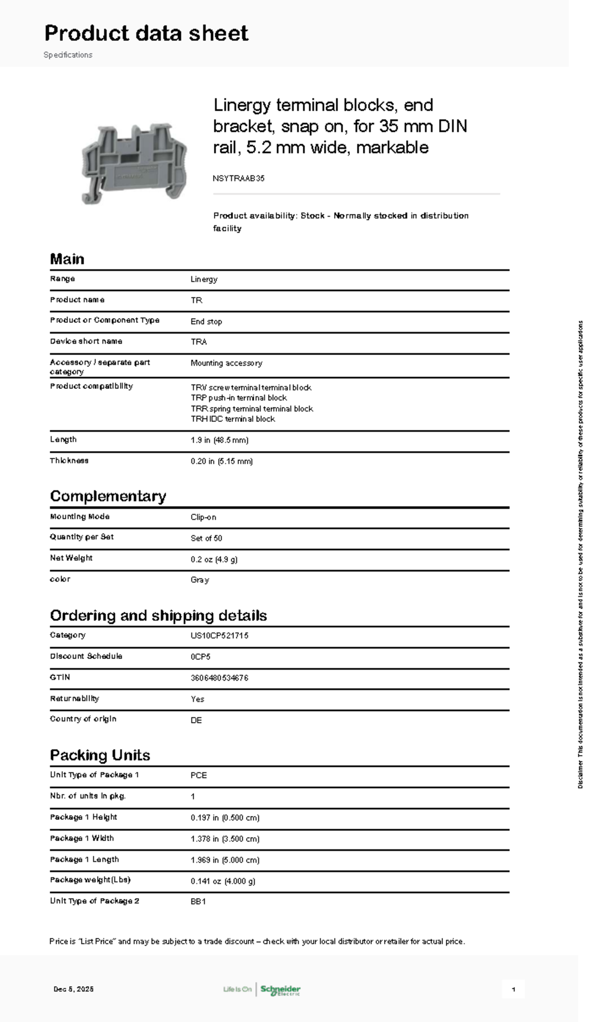 Schneider Electric Linergy TR Terminal Blocks Data Sheet NSYTRAAB35 ...