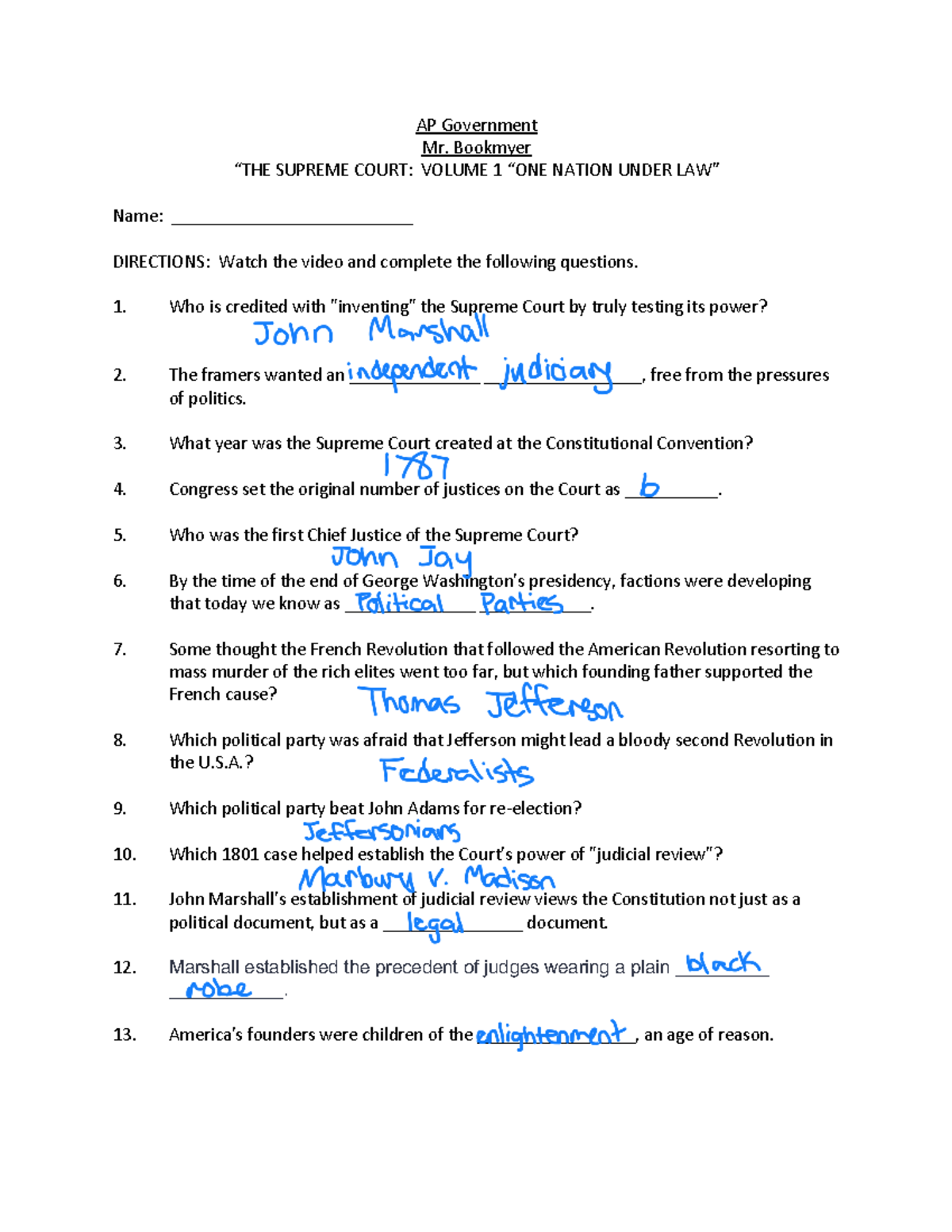 SC One Nation Under Law Questions - AP Government Mr. Bookmyer “THE ...