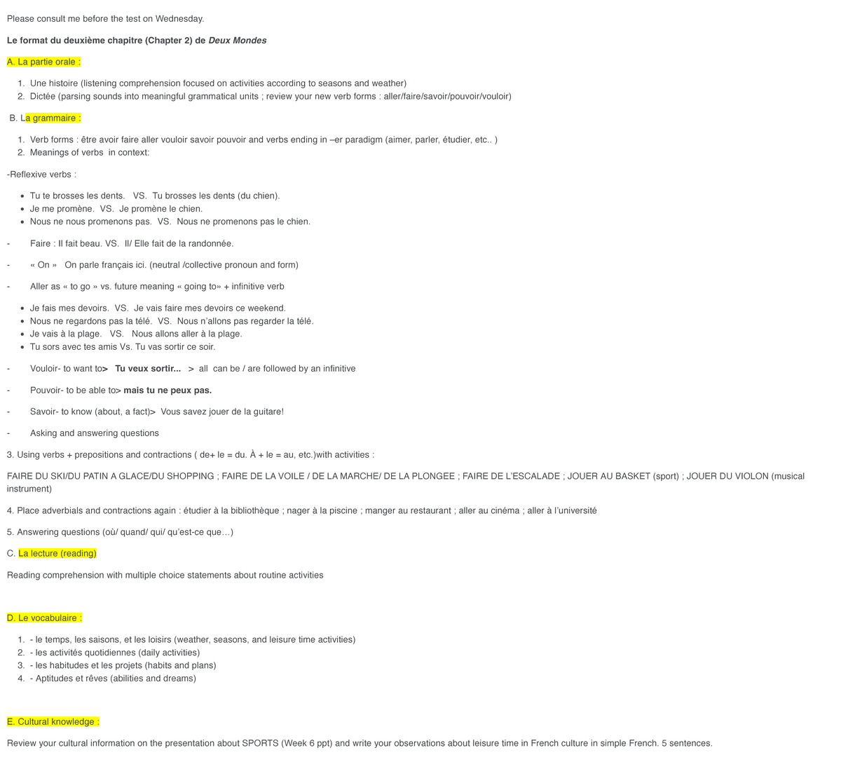 Chapter 2 Notes: Oral & Grammar Review for French Class - Studocu