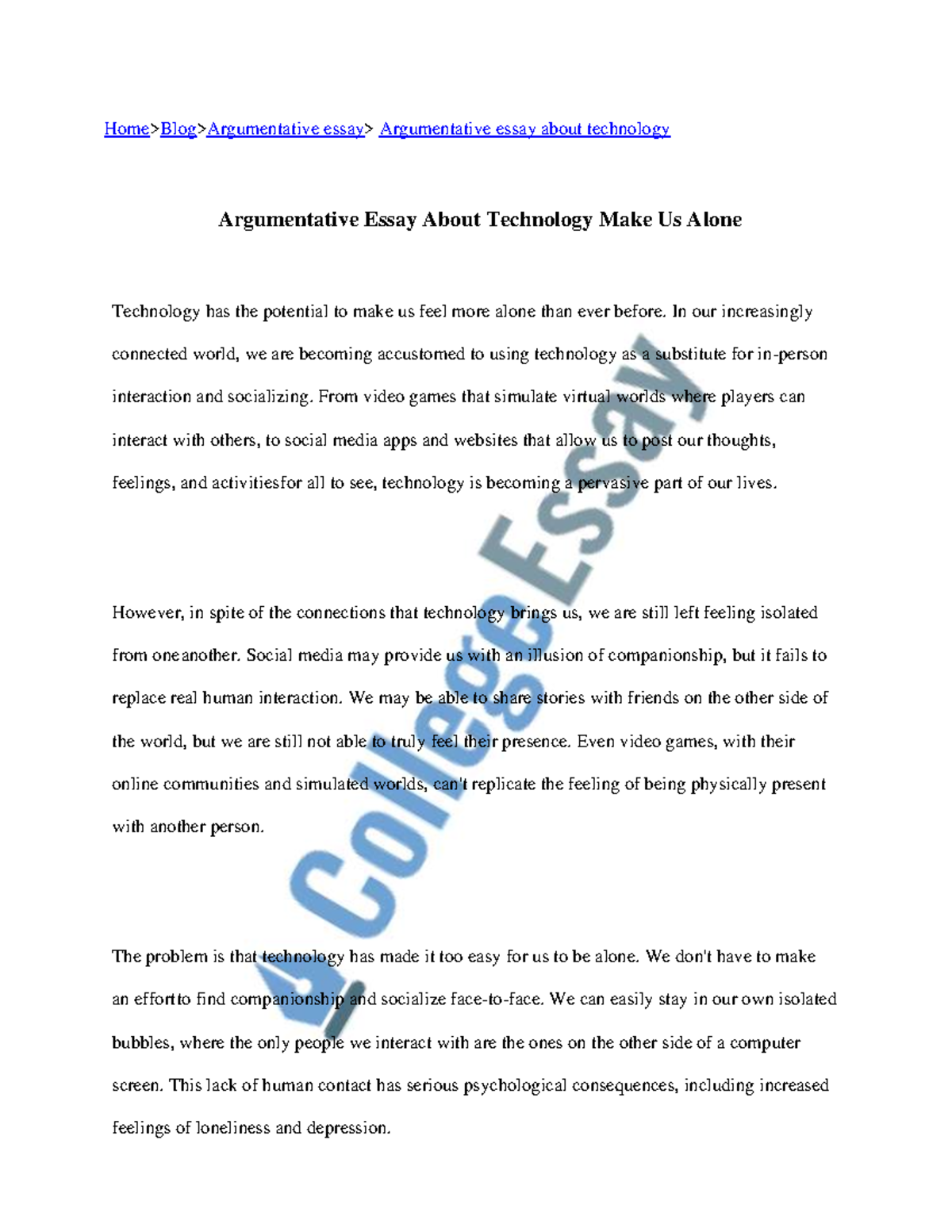 Argumentative Essay: Does Technology Make Us Alone? - Studocu