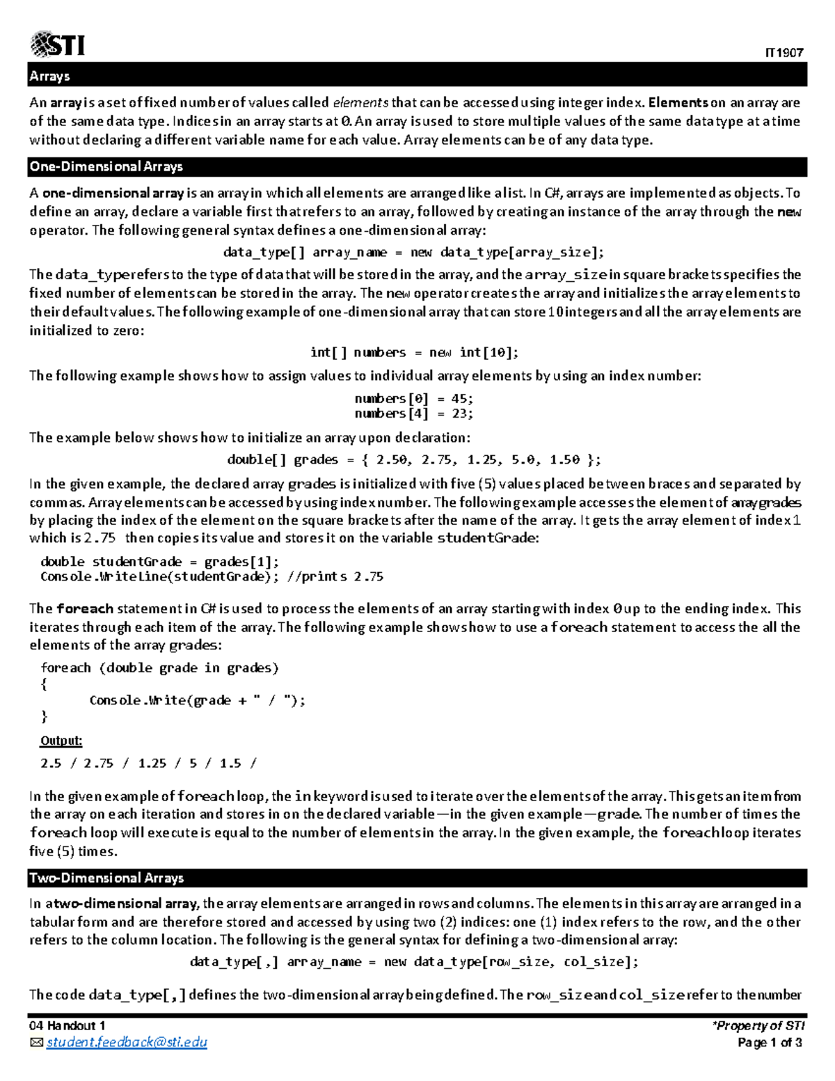 IT1907 Arrays in C#: Understanding and Implementing Array Structures - Studocu