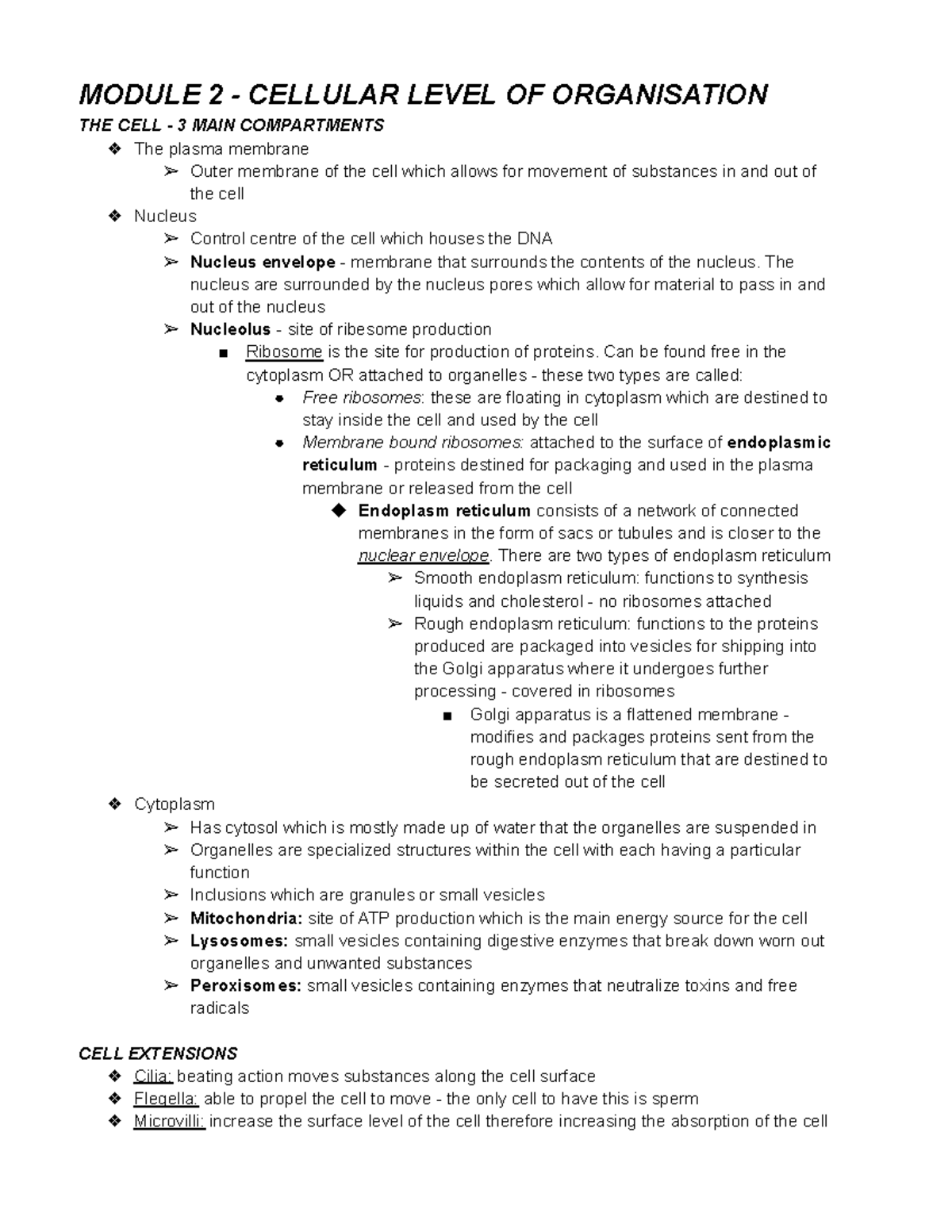 MODULE 2: CELLULAR LEVEL OF ORGANISATION AND CELL STRUCTURE - Studocu