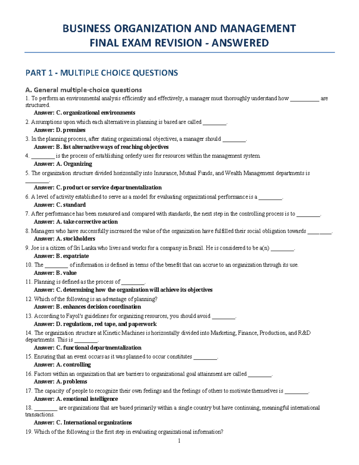 BOM 101: Business Organization & Management Final Exam Revision Answers ...