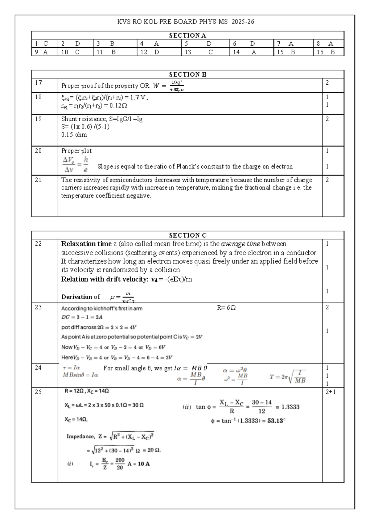 KVS RO KOL Pre Board XII Physics MS 17 Exam Preparation Guide - Studocu