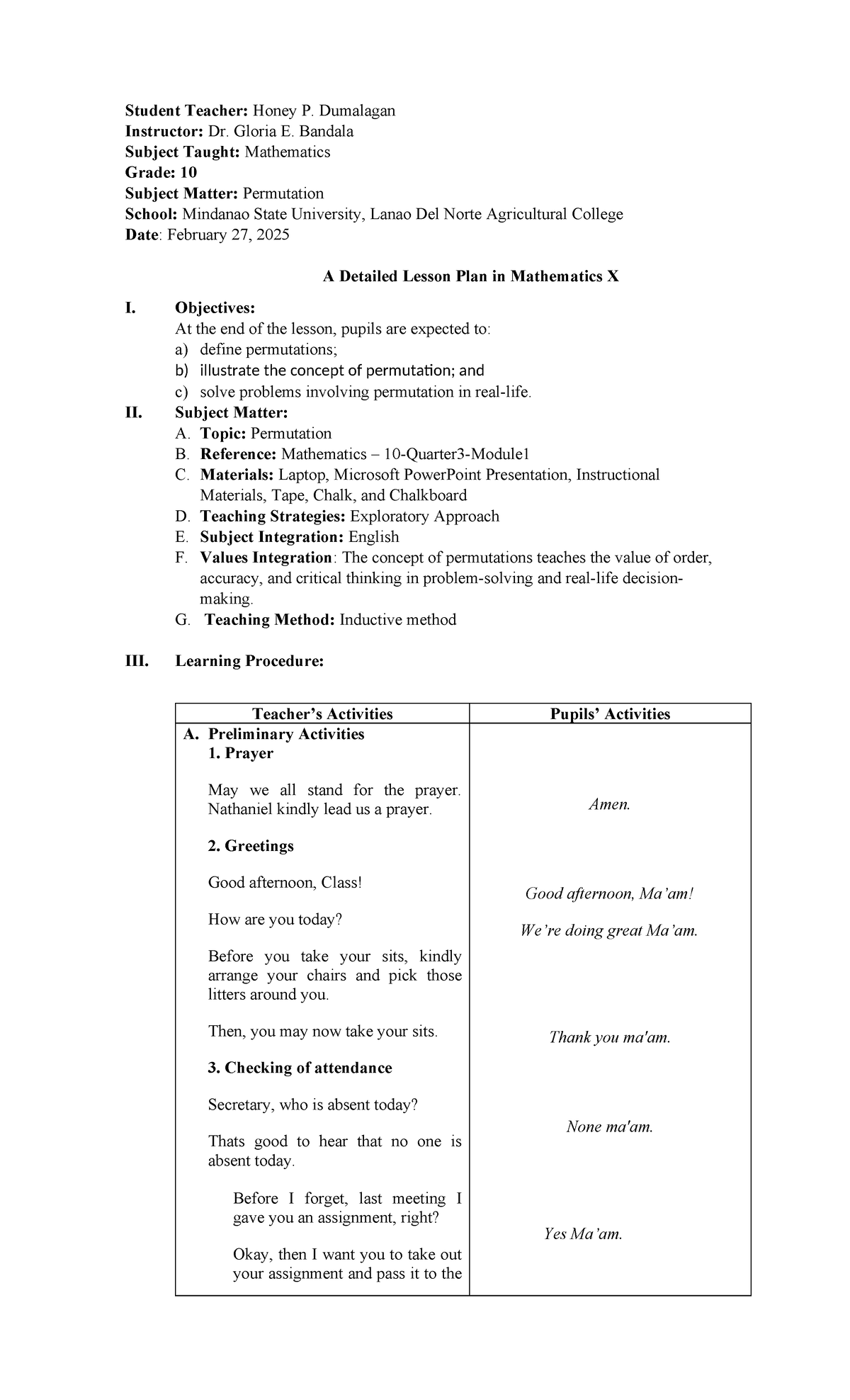 Detailed Lesson Plan on Permutation for Math 10 - Instructor: Dr ...