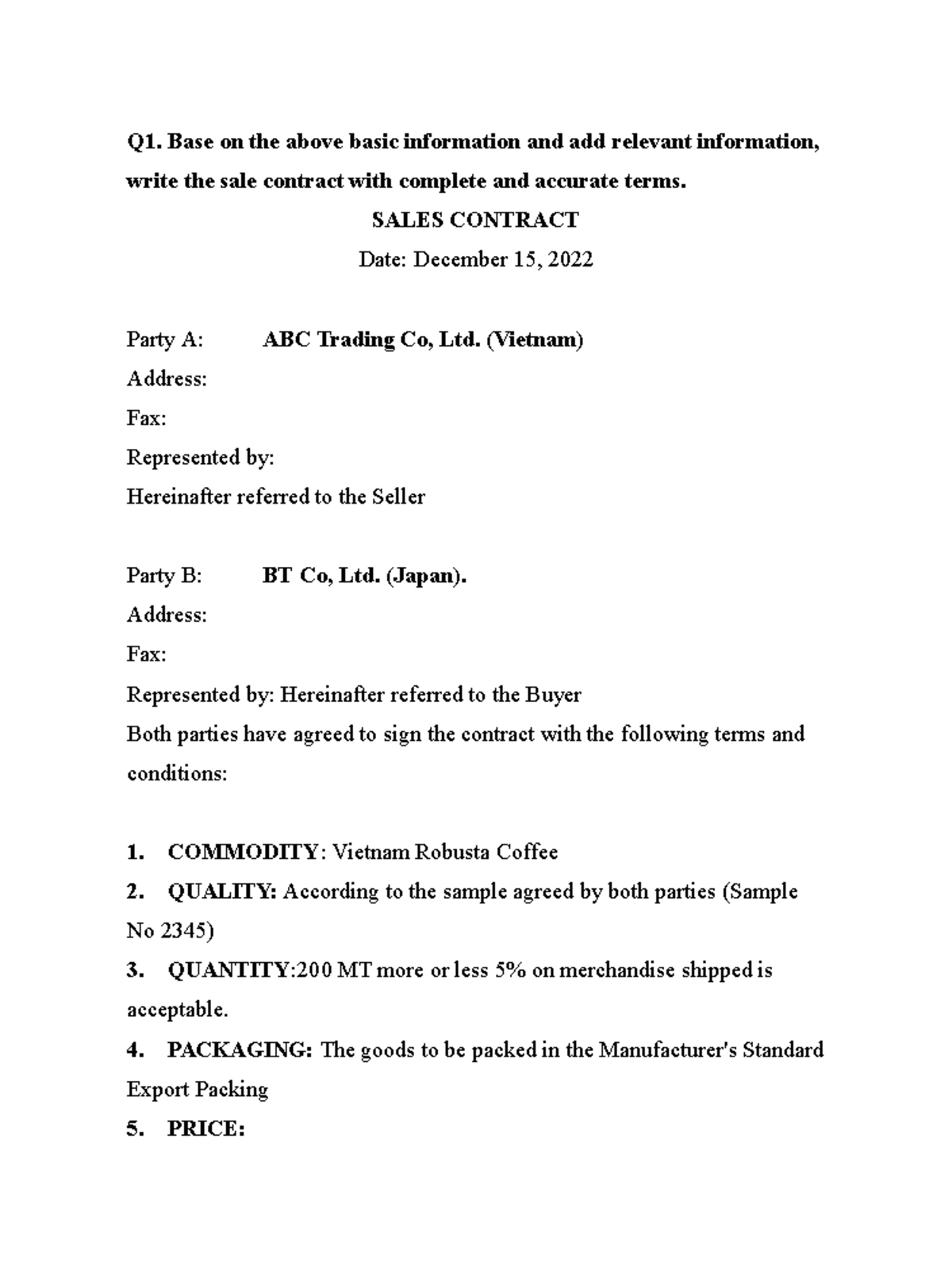 SALE Contract Sample for Vietnam Robusta Coffee - Dec 2022 - Studocu