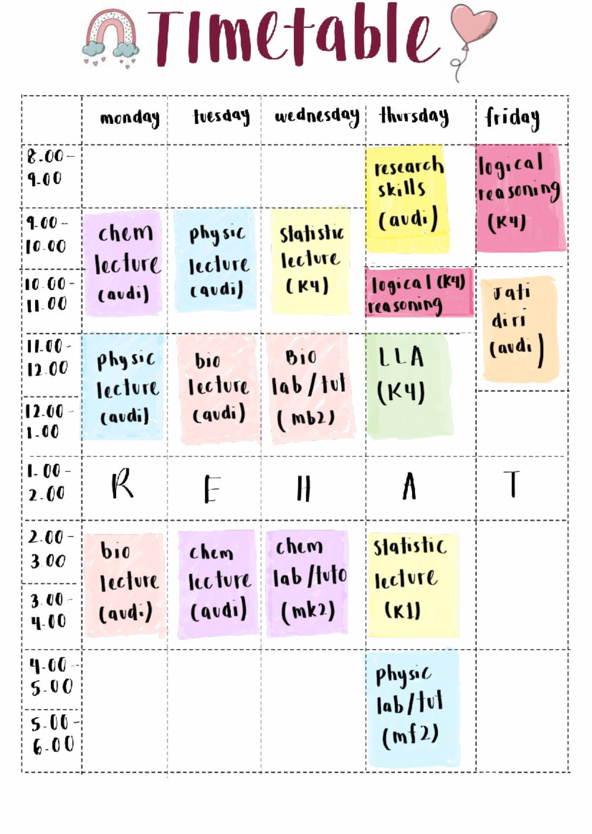 Timetable for Research & Lectures: Mon-Fri (Bio, Chem, Phys) - Studocu
