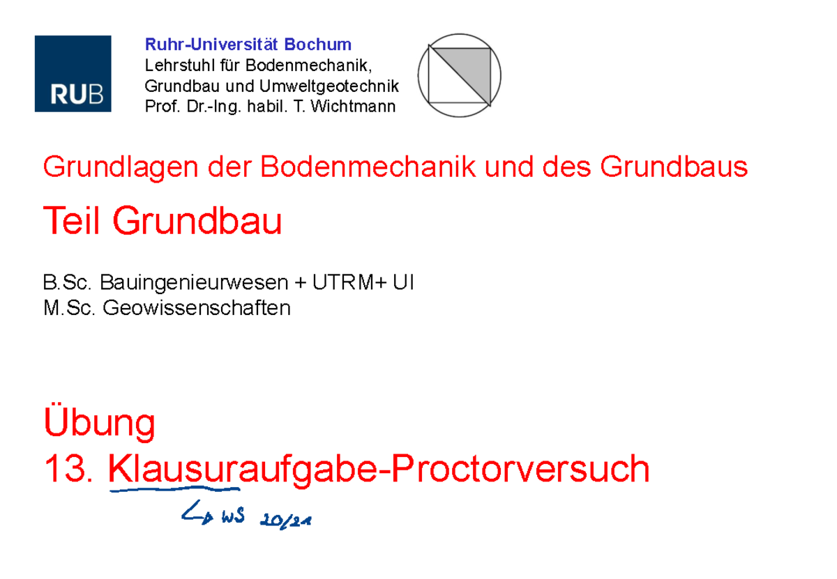 Grundbau - Übung - Übung 13. Klausuraufgabe-Proctorversuch ...