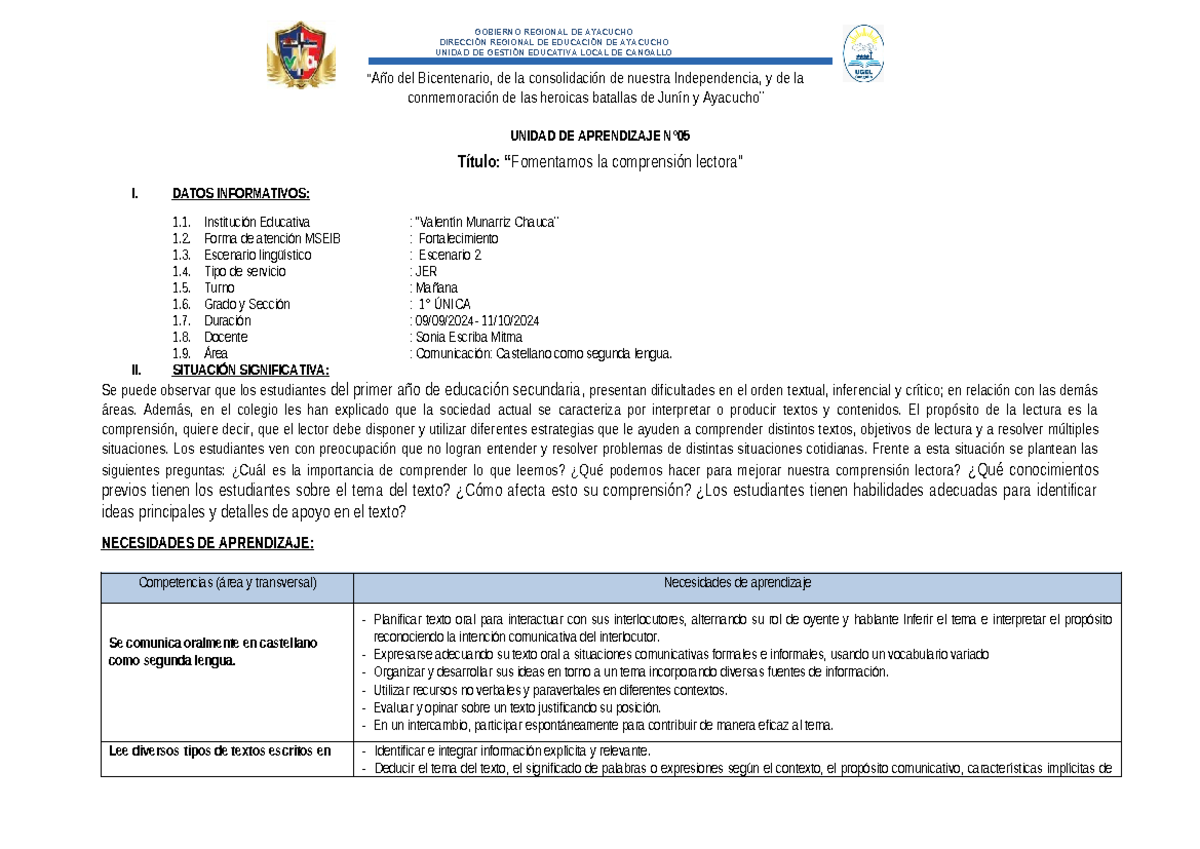 Unidad de Aprendizaje 2024: Fomentamos la Comprensión Lectora 1° ÚNICA - Studocu