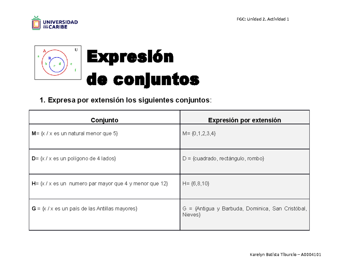 FGC: Unidad 2 - Actividad 1: Expresiones de Conjuntos - Studocu