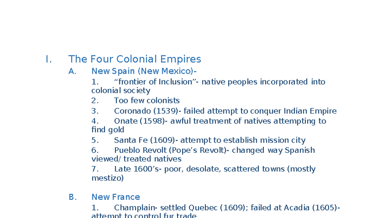 Ch 3 outline - I. The Four Colonial Empires A. New Spain (New Mexico ...