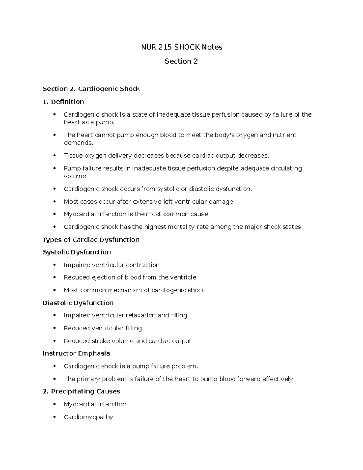 NUR 215 Cardiogenic Shock Notes: Key Concepts & Management - Studocu