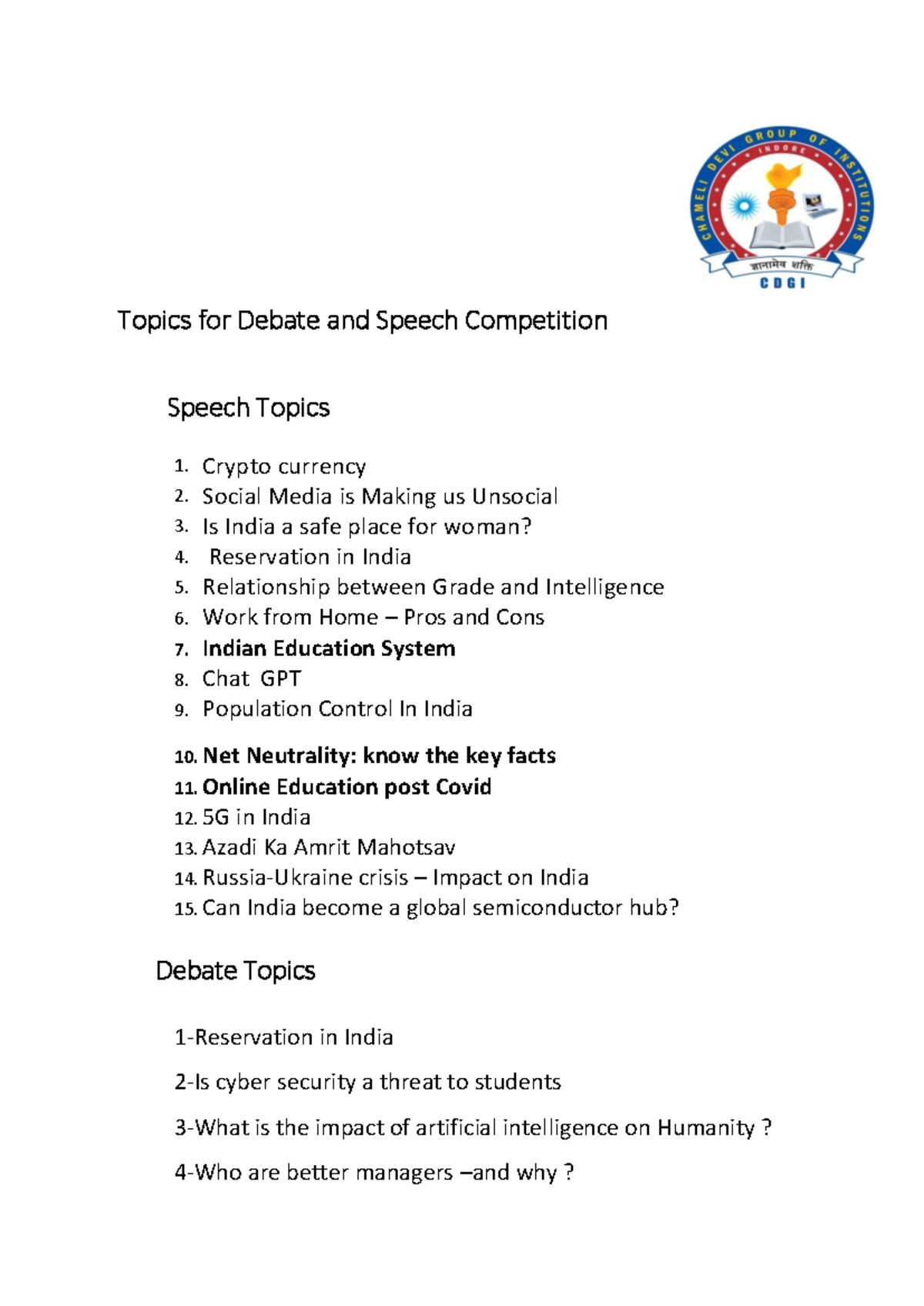 Debate & Speech Topics for Competition: Insights & Issues - Studocu