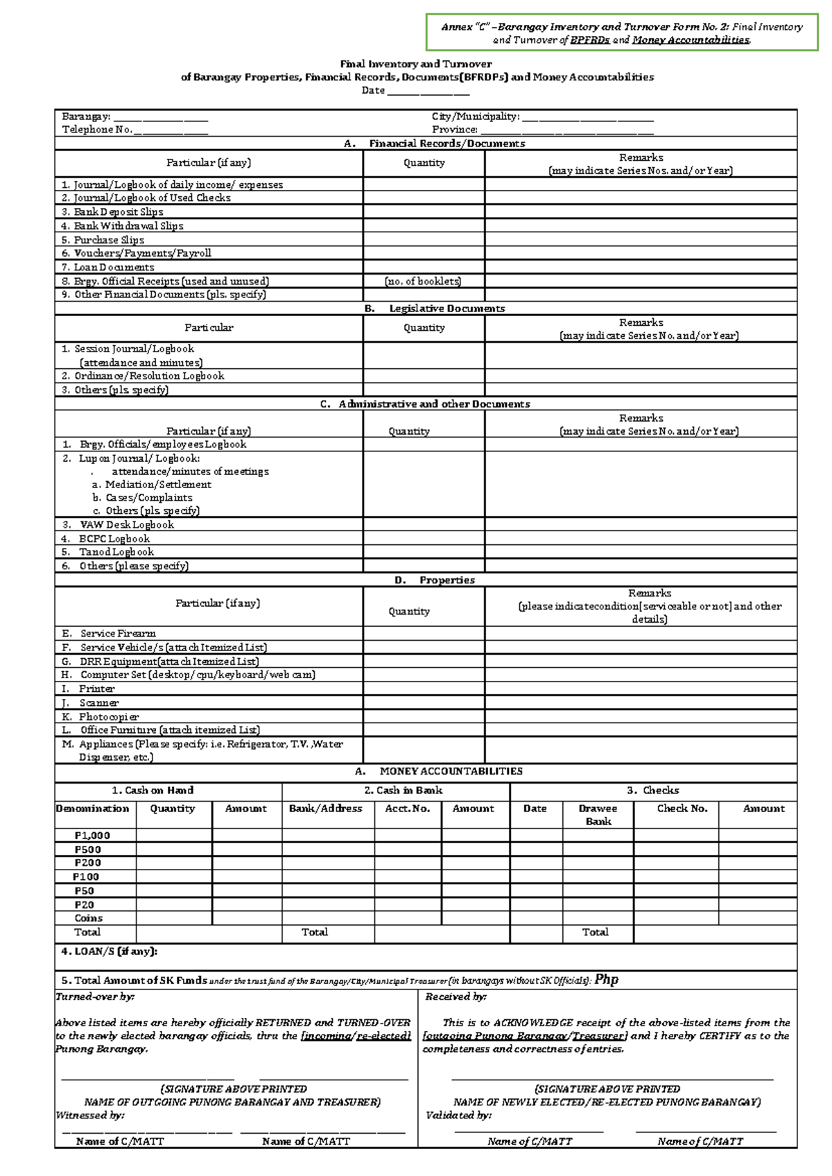 Barangay Inventory and Turnover Form No. 2: Final BFRDPs & Accounts ...