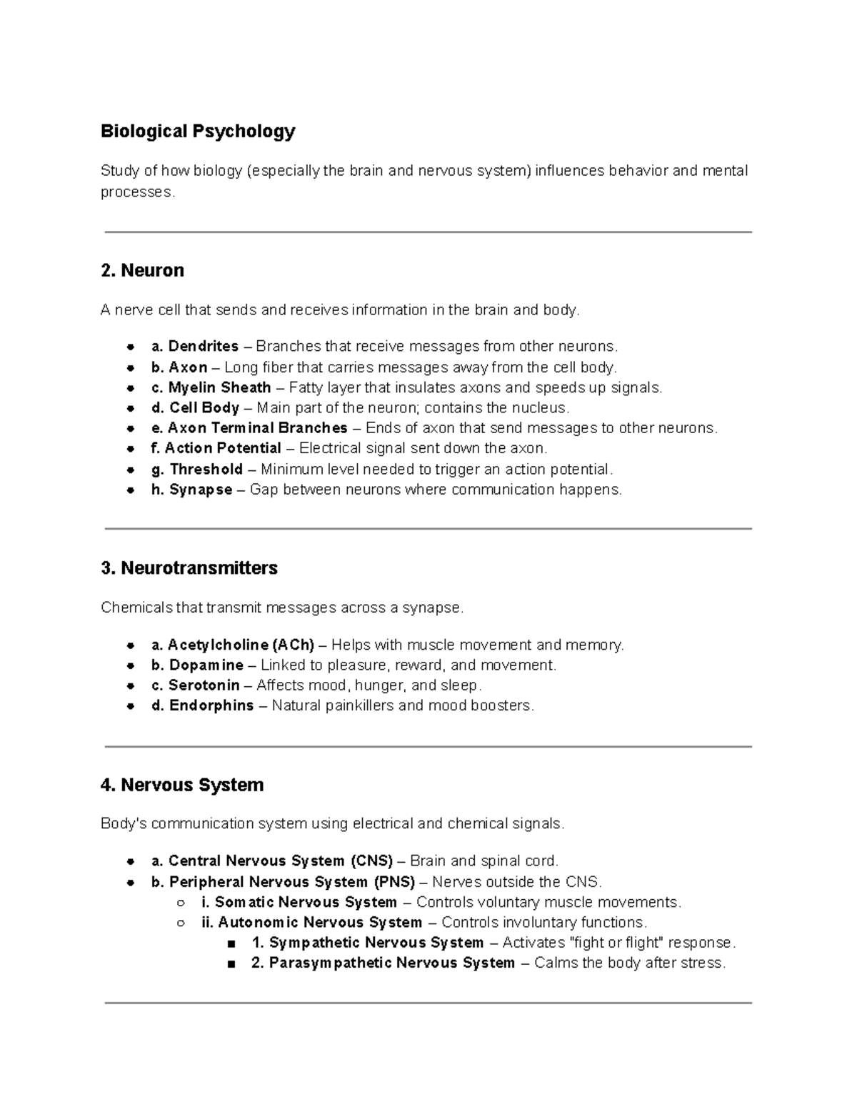 Biological Psychology (PSY 101): Key Concepts of the Nervous System - Studocu