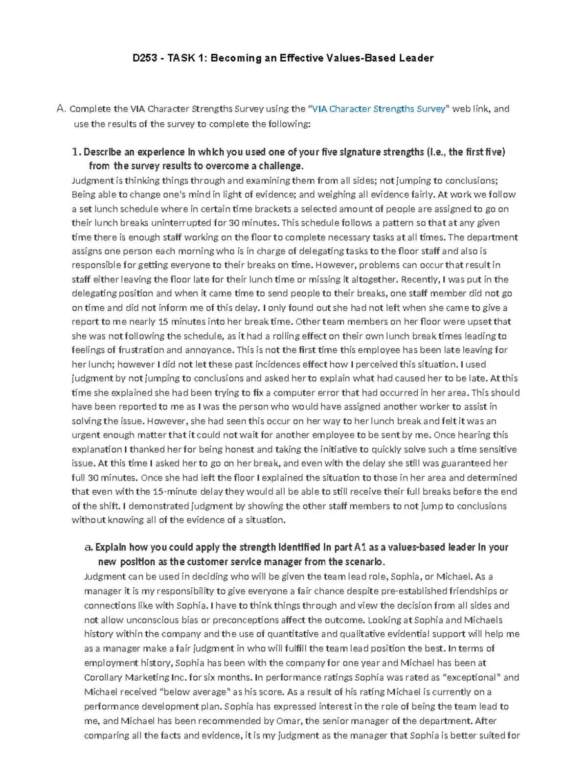 D253 Task 1 - Values-Based Leadership Analysis and Applications - Studocu