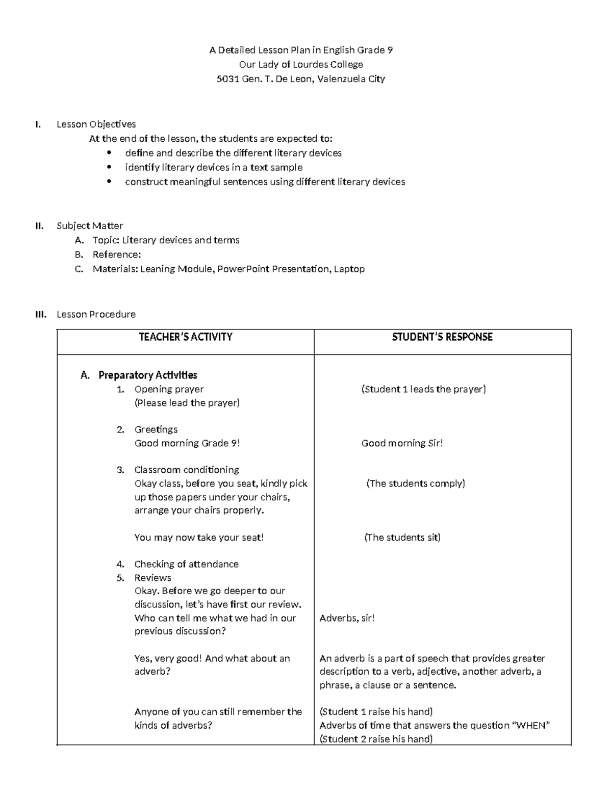508709640 Detailed Lesson Plan on Literary Devices for Grade 9 - Studocu