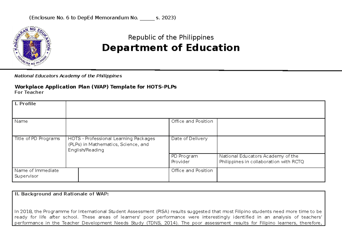 FIA WAP Template for Teachers: Enhancing Higher-Order Thinking Skills ...
