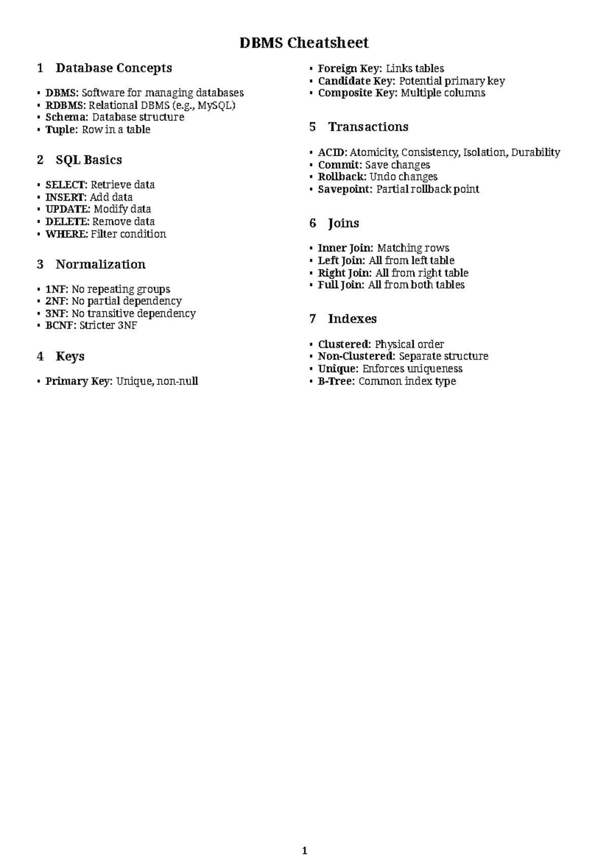 DBMS 101: Comprehensive Cheatsheet on Database Concepts - Studocu