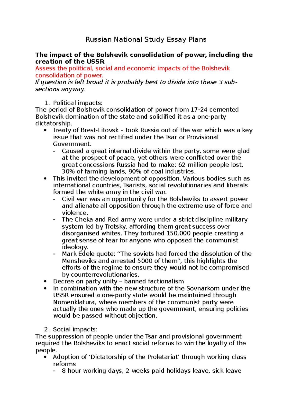 Russian National Study Essay Plans - If question is left broad it is ...