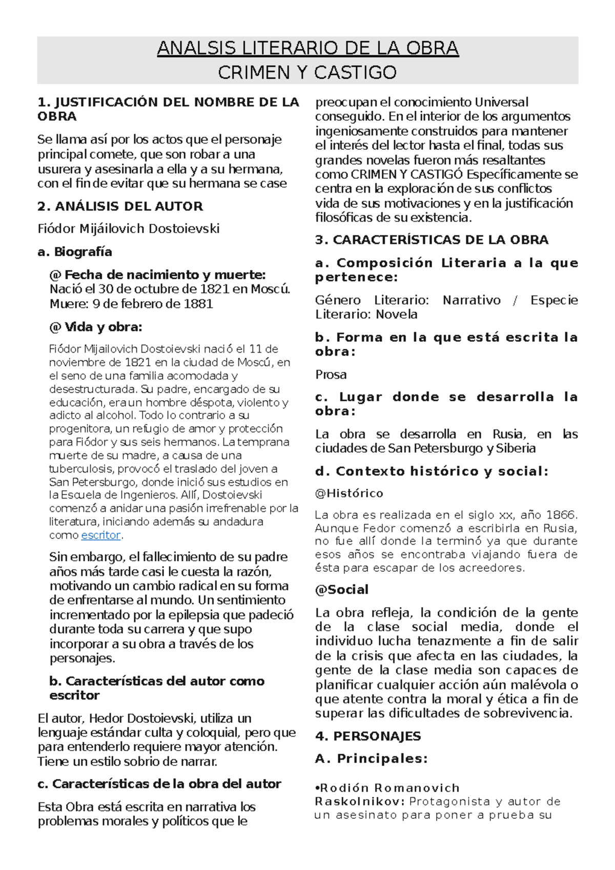 Analisis Literario DE LA OBRA Crimen Y Castigo - ANALSIS LITERARIO DE LA OBRA CRIMEN Y CASTIGO 1 ...