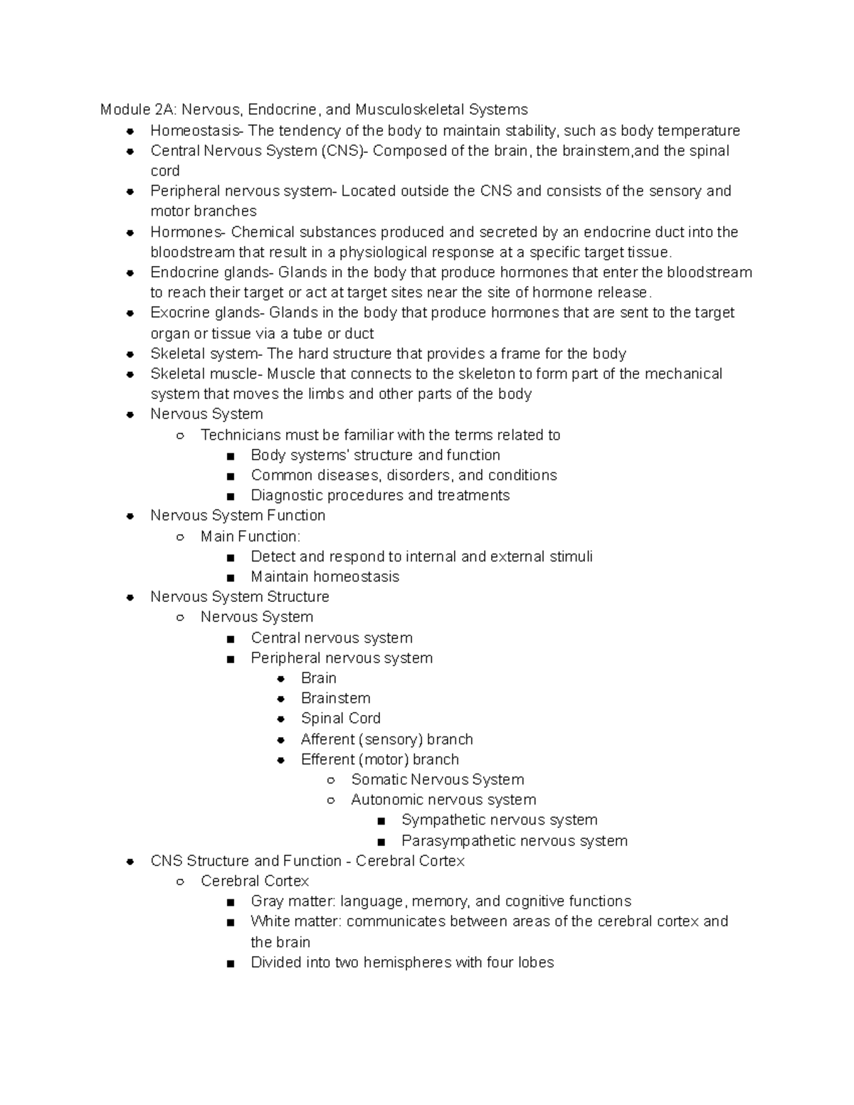 Module 2 Presentation Notes: Nervous, Endocrine & Musculoskeletal ...