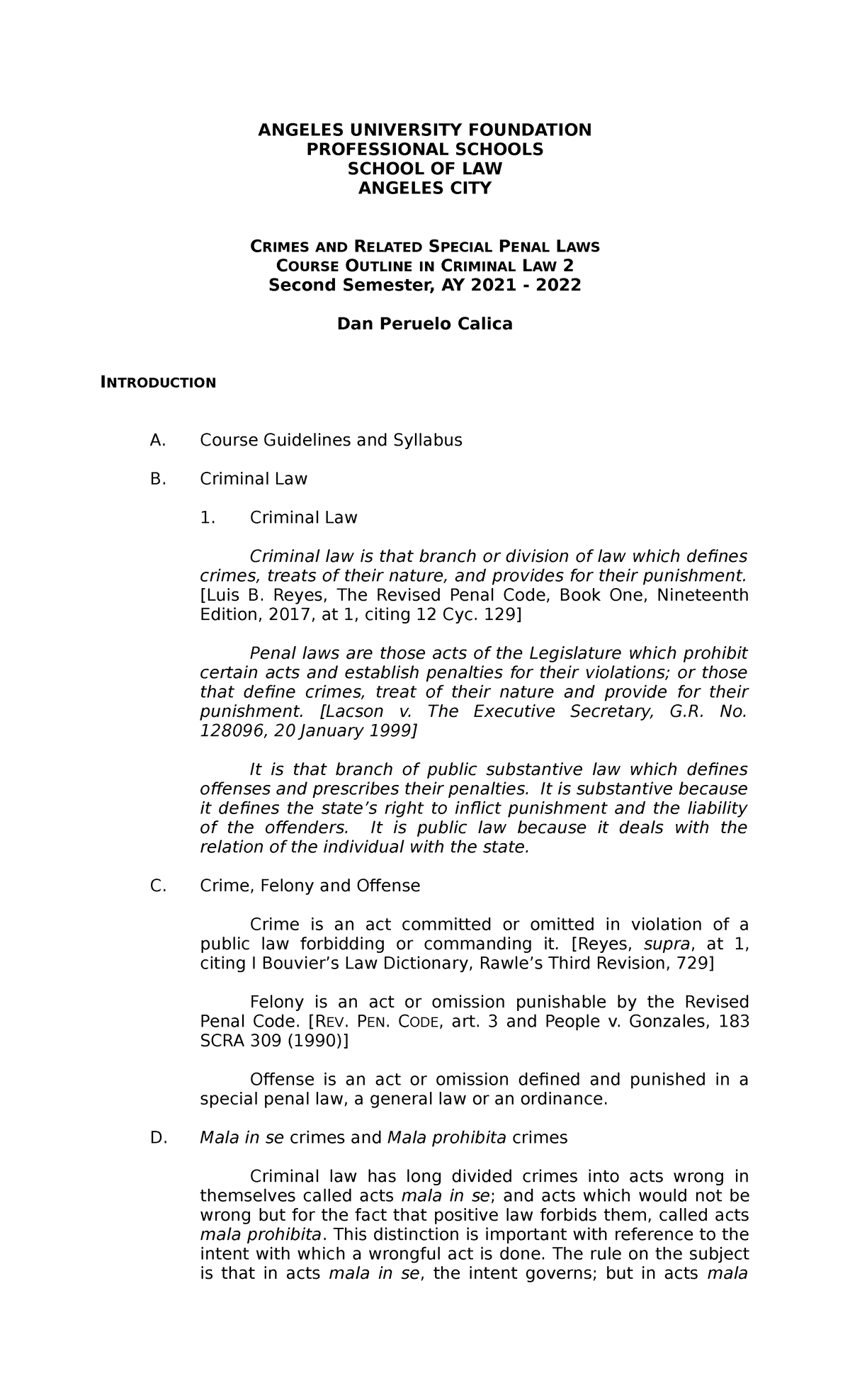 Criminal Law 2 Course Outline AY 2021-2022 - Complete Syllabus - Studocu