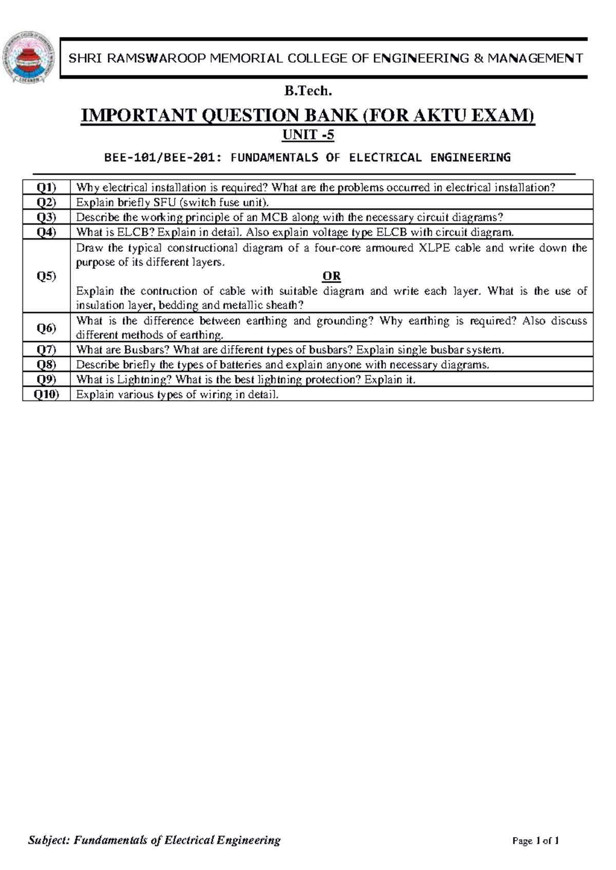 B.Tech. Important Question Bank for AKTU: Fundamentals of Electrical ...
