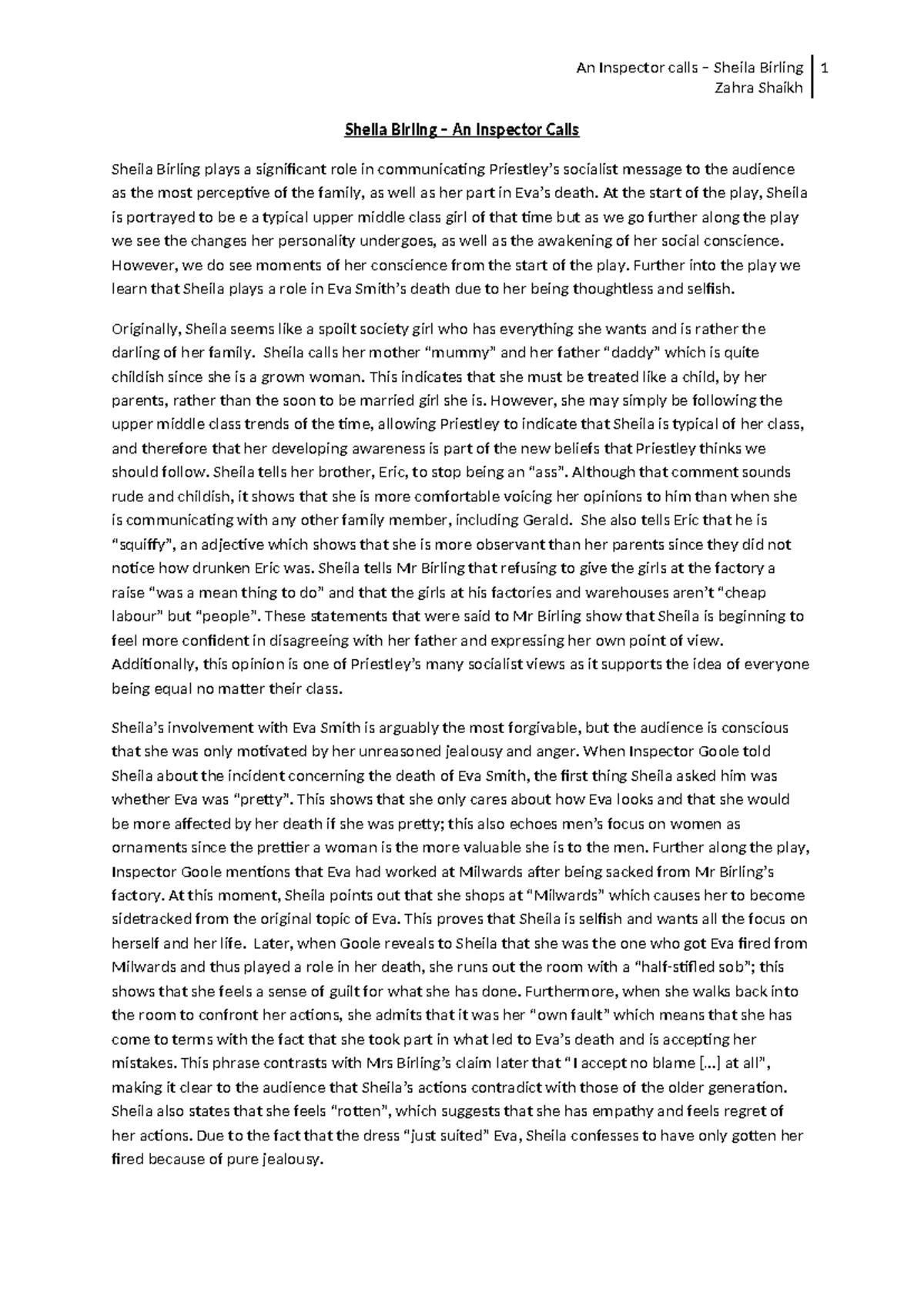 Sheila's Character Analysis in An Inspector Calls - Essay Plan - Studocu