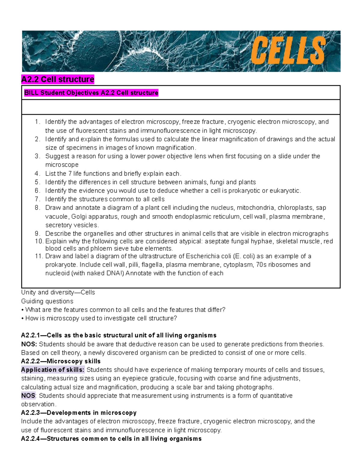 A2.2 Cell Structure and Function: Key Concepts and Objectives for IB ...