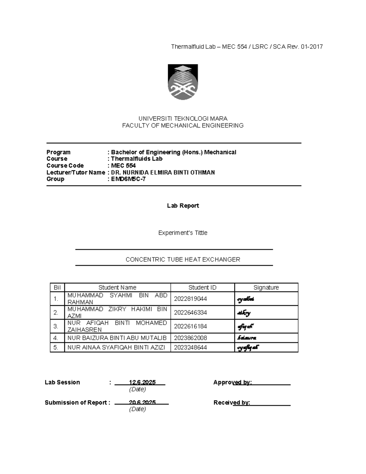 Concentric Tube Heat Exchanger Lab Report MEC 554 - Studocu