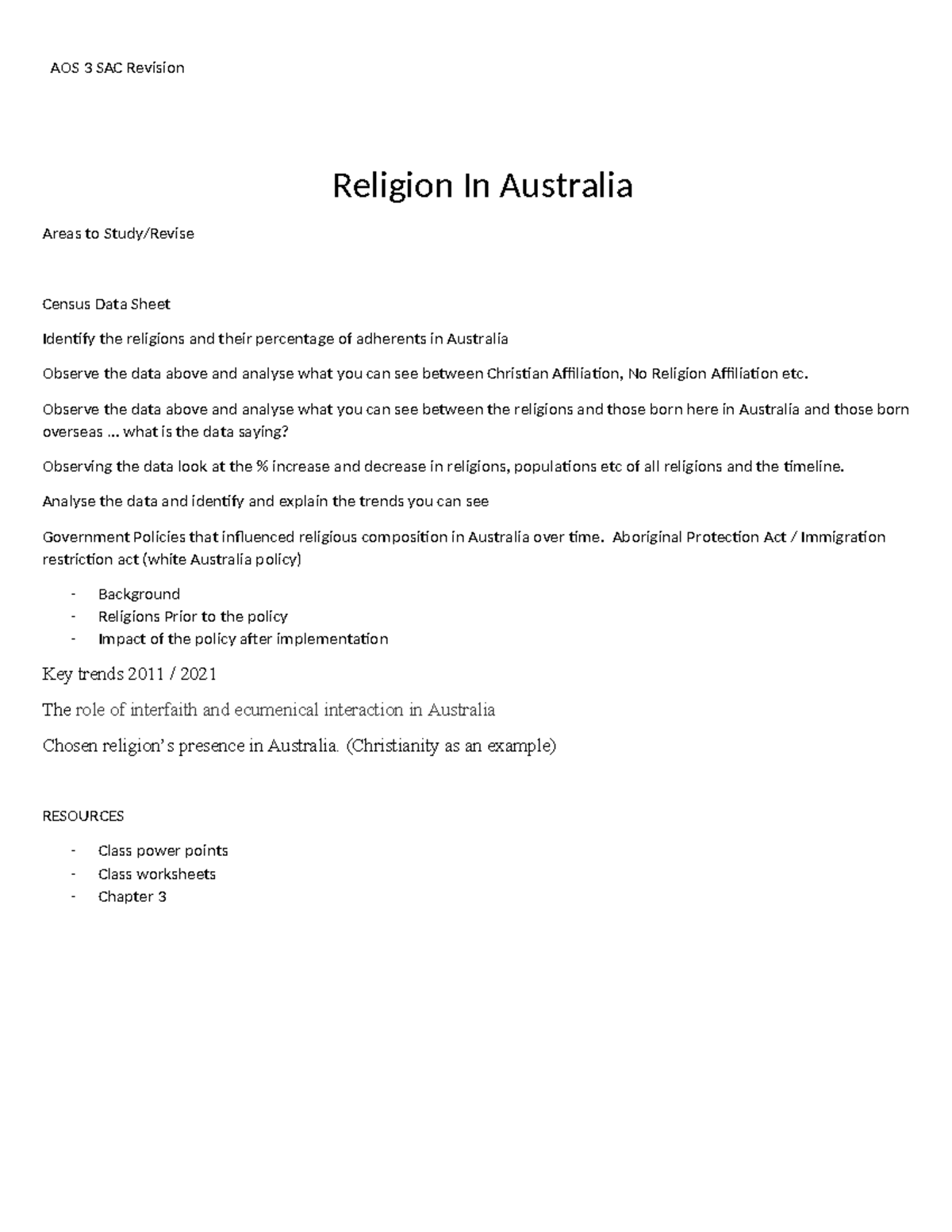 AOS 3 SAC Revision: Religion Trends in Australia and Census Data ...