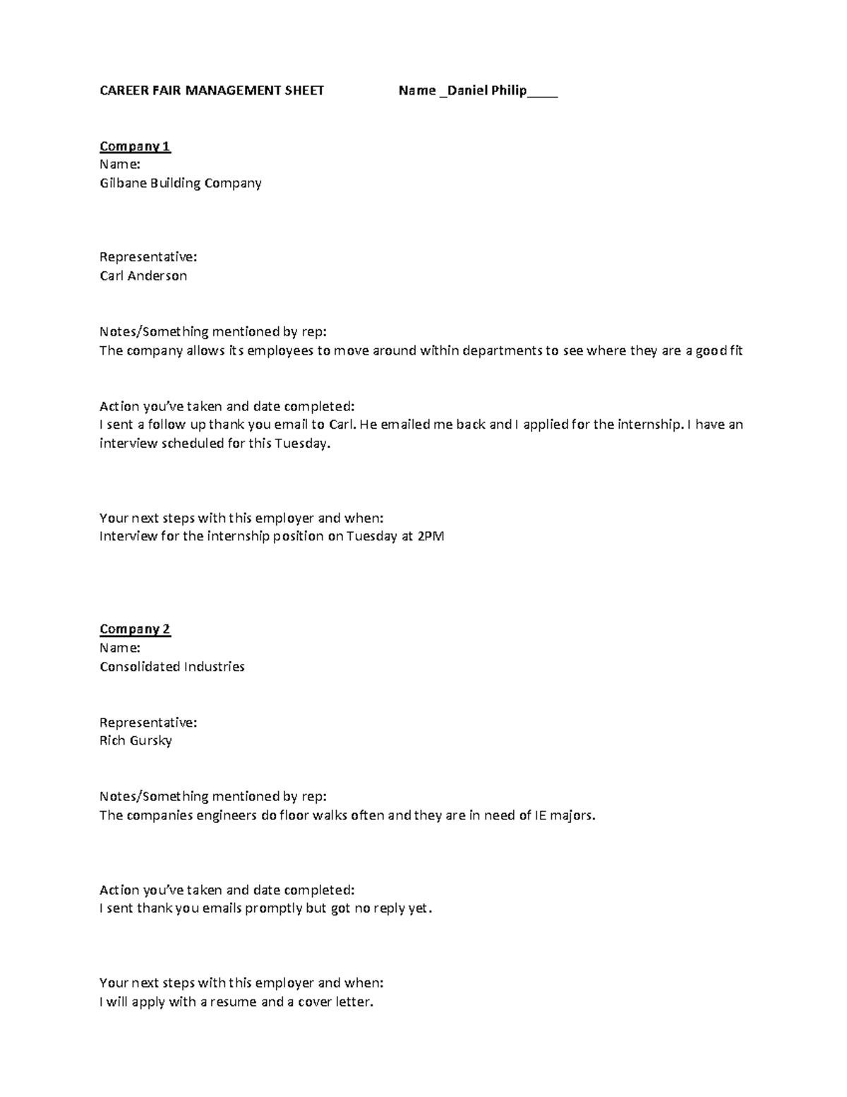 Career Fair Management Sheet - CAREER FAIR MANAGEMENT SHEET Name Daniel ...