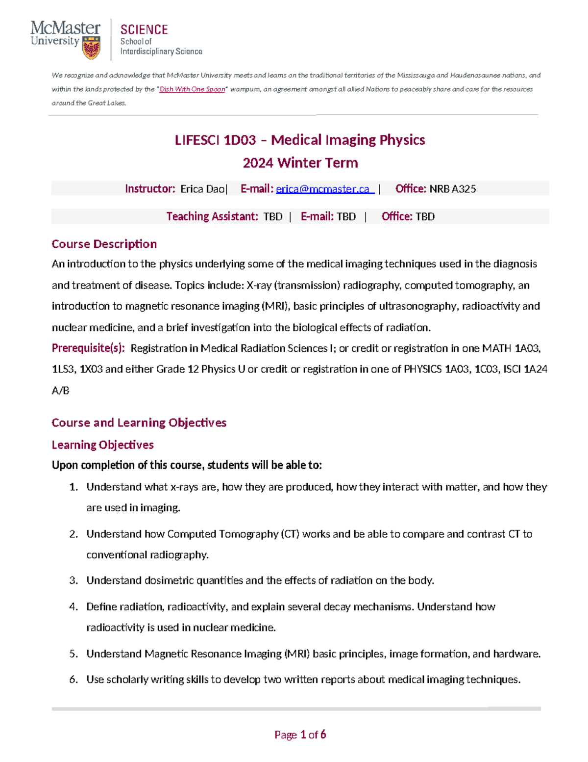 LIFESCI 1D03 Course Outline: Medical Imaging Physics for Winter 2024 ...