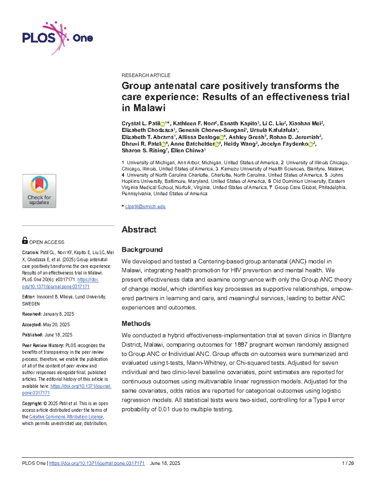 Patil 2025 Group Antenatal Care Effectiveness Trial in Malawi - Studocu